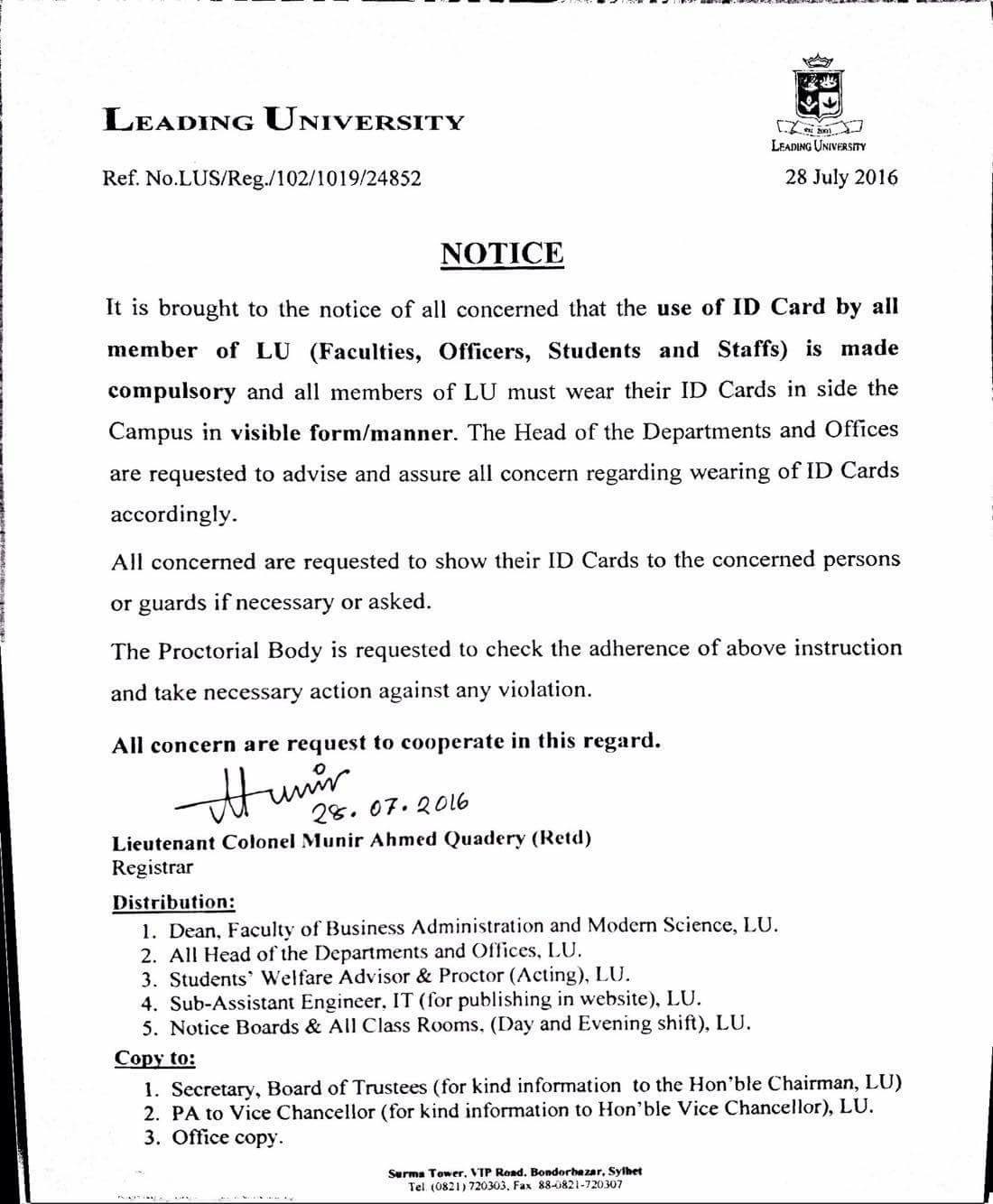 Use of ID card inside Campus – Leading University