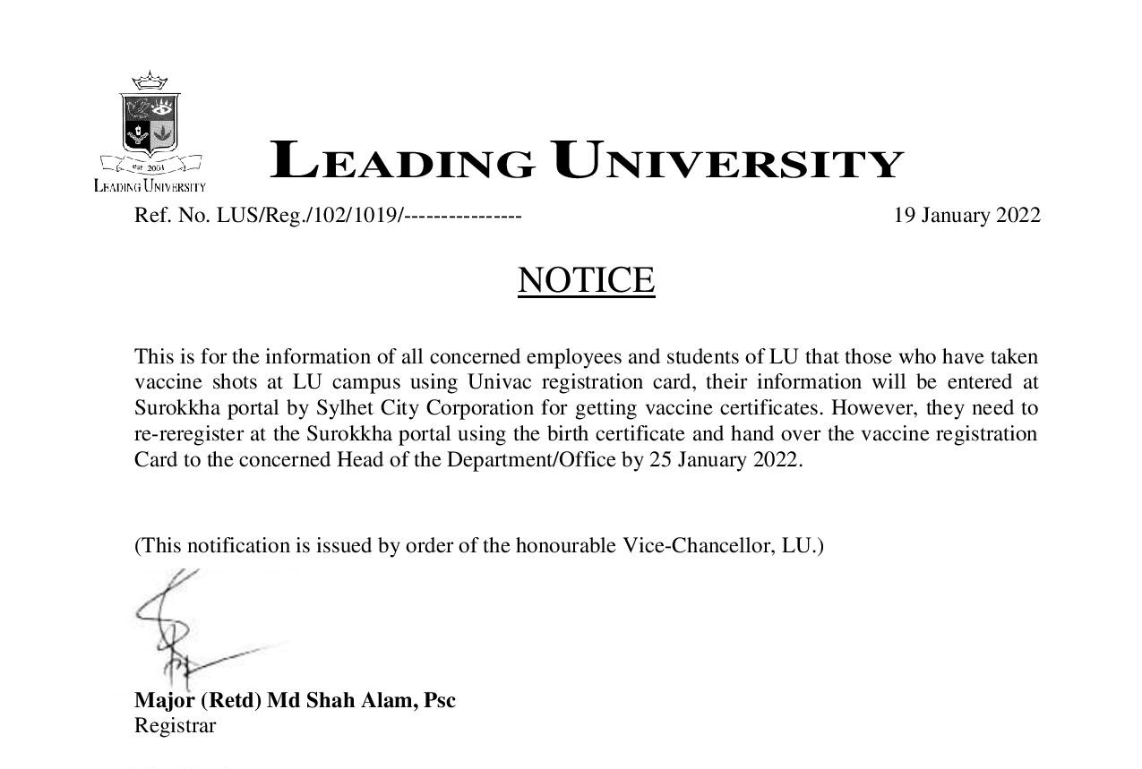Notice for Re-registration for Vac Certificate – Leading University