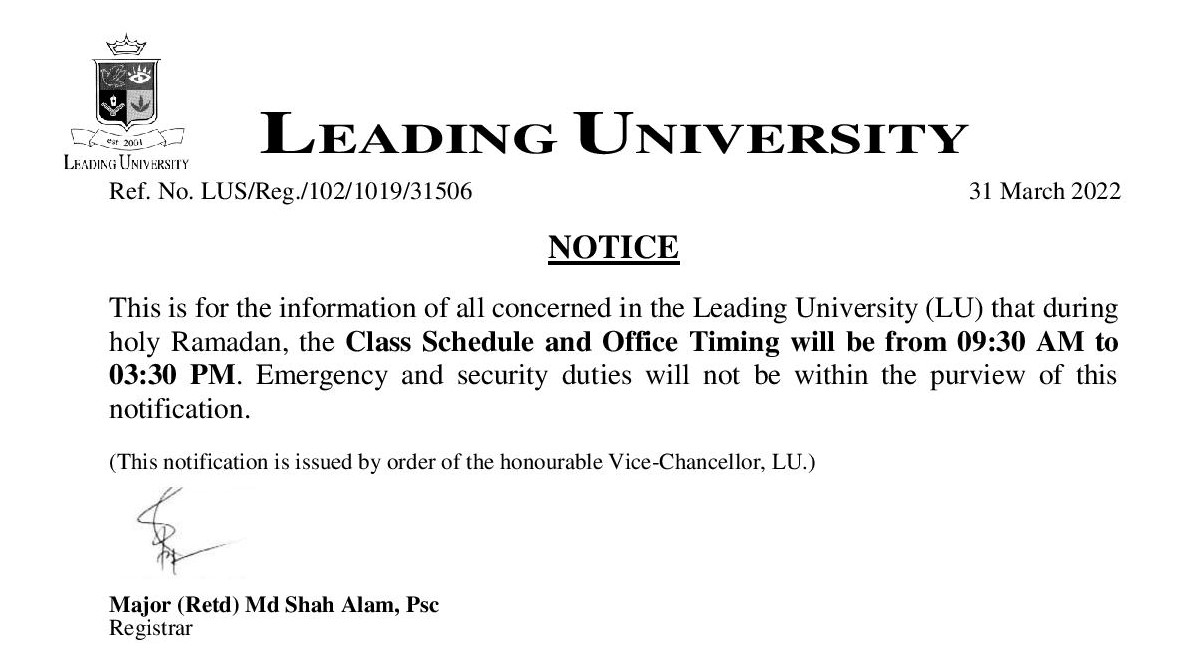 Regarding the Class Schedule and the Office Timing during holy Ramadan ...